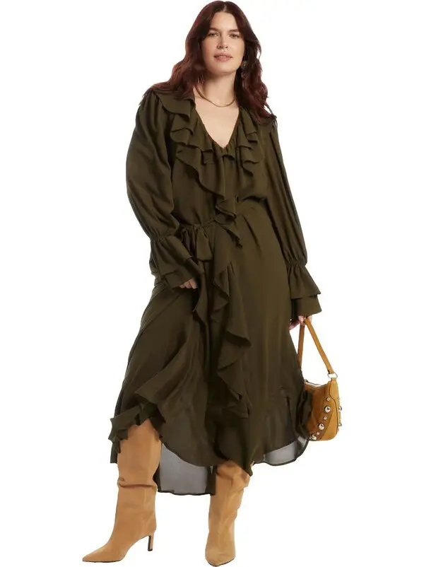JUNE + VIE Cascading Ruffle Maxi Dress - Forest Night