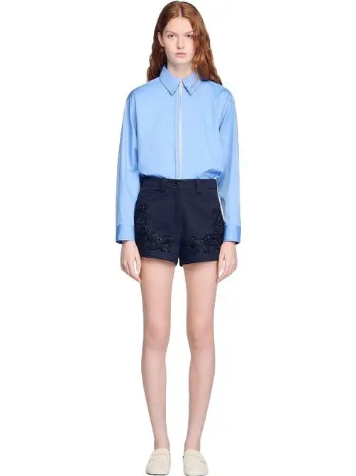 Sandro Embroidered Cotton Hot Pants - Navy Blue