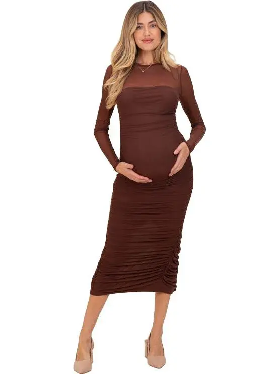 PINKBLUSH Mesh Ruched Long Sleeve Maternity Midi Dress - Brown