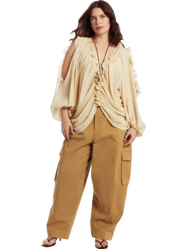 JUNE + VIE Draped Off-the-shoulder Blouse With Ruffles And Self Ties - Pebble