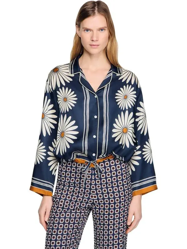 Sandro Floral Print Silk Shirt - Deep Blue/ocher