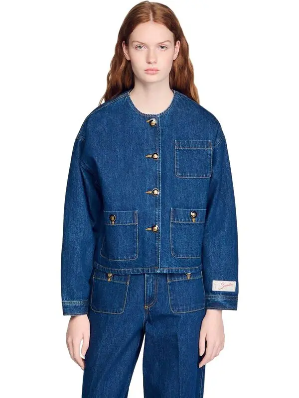 Sandro Denim Jacket With Decorative Buttons - Deep Blue