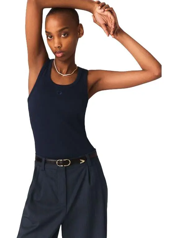 Maje Ribbed Vest Top With Clover Embroidery - Navy