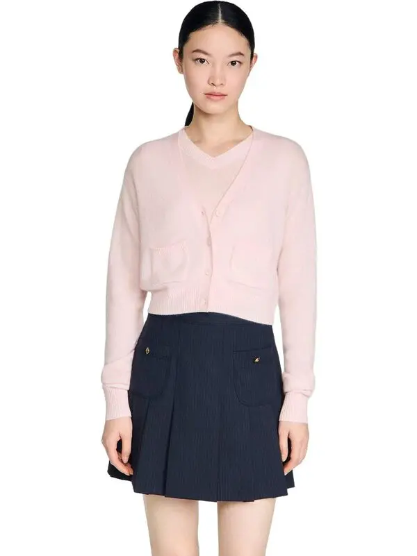 Sandro Cropped Cashmere Wool Cardigan - Light Pink