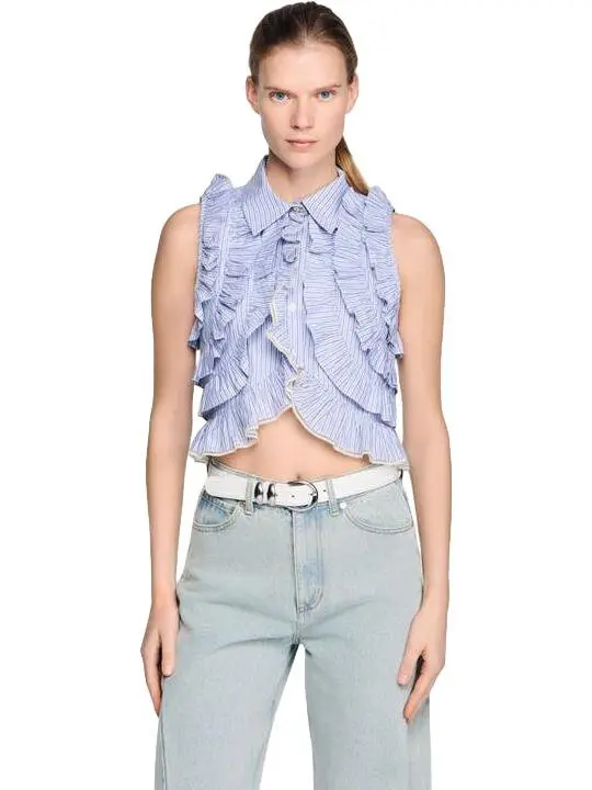 Sandro Striped Ruffled Shirt - Bleu/marine