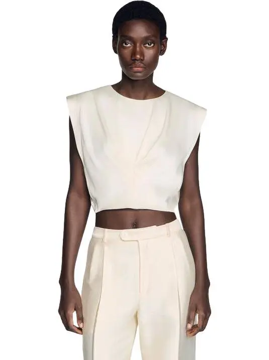Sandro Pleated Satin Crop Top - Ecru