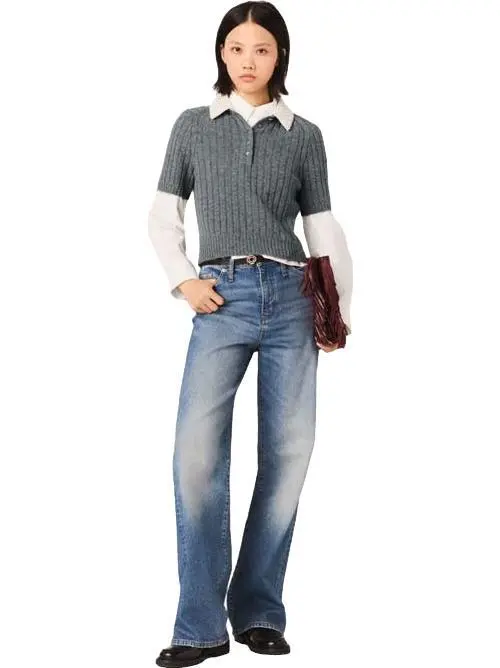 Maje Ribbed Wool Polo Shirt With Removable Beaded Collar - Grey