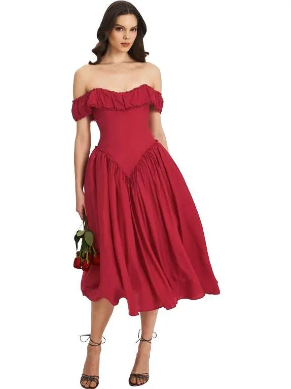 MISS CIRCLE Xavy Off-shoulder Corset Midi Dress - Crimson