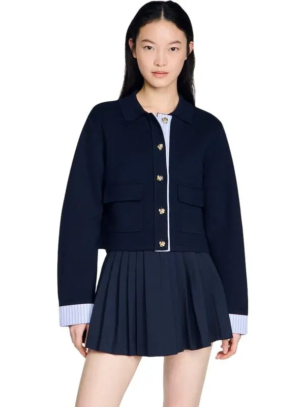 Sandro Polo Cardigan With Poplin Details - Navy Blue