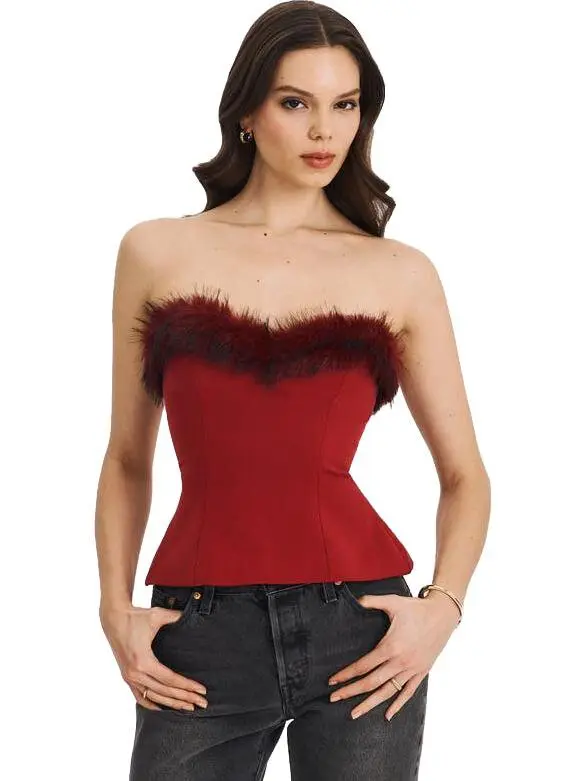MISS CIRCLE Faux Fur-trimmed Peplum Top - Crimson