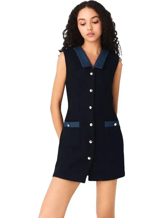 Maje Tweed Mini Dress With Denim Accents - Navy