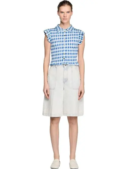 Sandro Smocked Gingham T-shirt - Blu/white