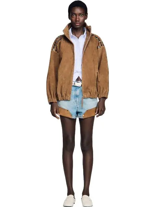 Sandro Studded Oversized Suede Jacket - Camel