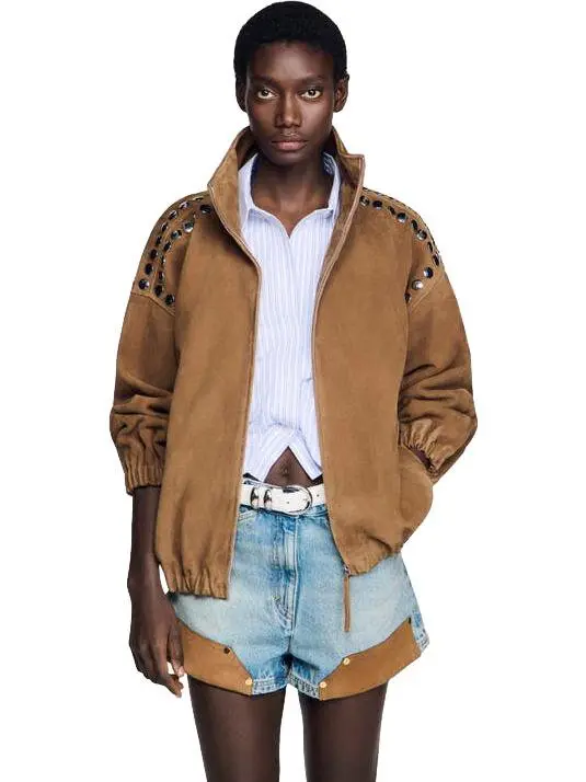 Sandro Studded Oversized Suede Jacket - Brown