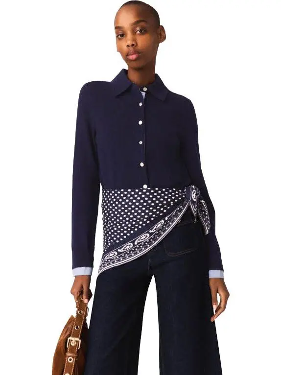 Maje Polo Cardigan With Removable Trims - Navy