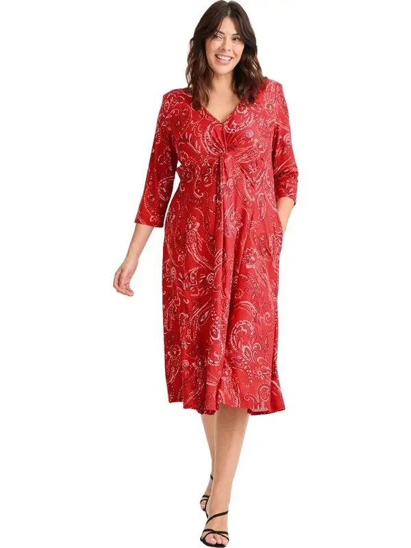 SCARLETT & JO Knot Front Fit And Flare Dress - Red Paisley