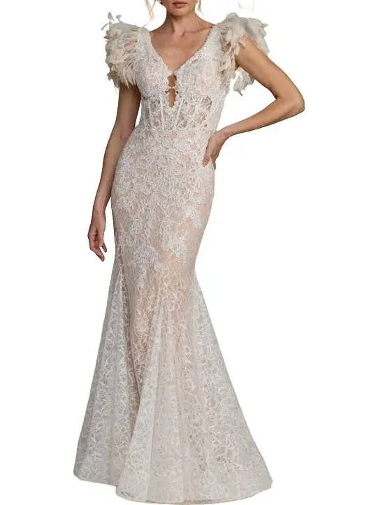 Mac Duggal Feather Detail Embellished Mermaid Gown - Ivory Nude