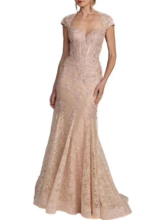 Mac Duggal Embellished Sweetheart Cap Sleeve Trumpet Gown - Blush