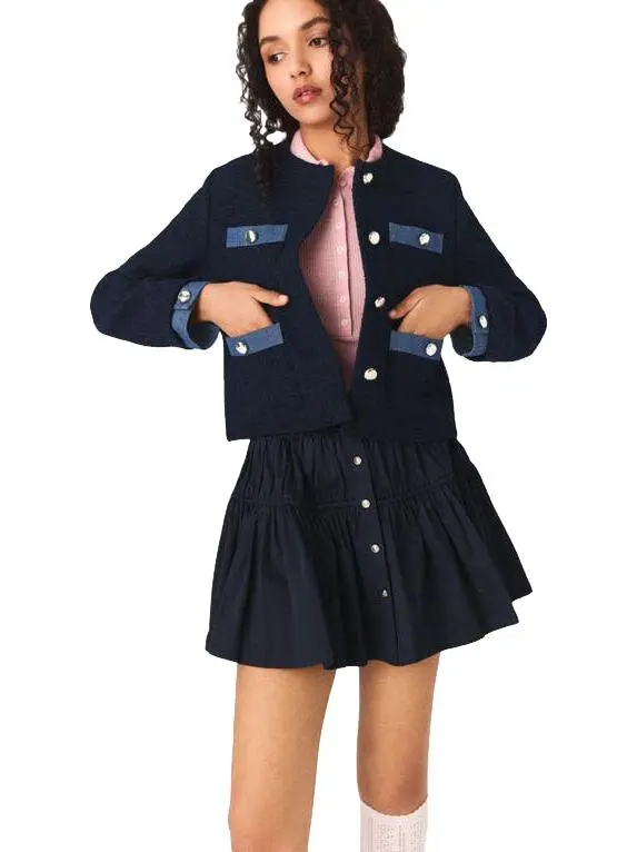 Maje Tweed Jacket With Denim Trim - Navy