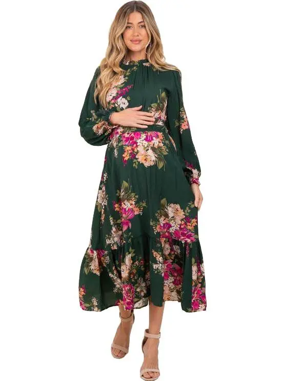 PINKBLUSH Floral Long Sleeve Midi Dress - Forest Green
