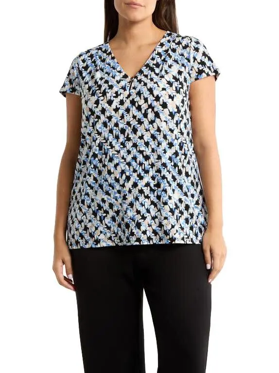 Anne Klein Printed Cap-sleeve Top - Blue Yonder Mlt