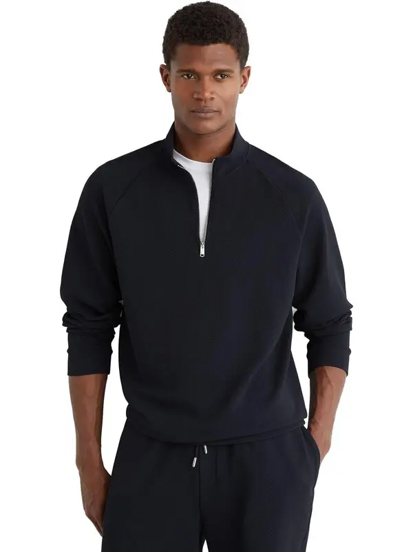 REISS Textured Half-zip Funnel-neck Jumper - Navy