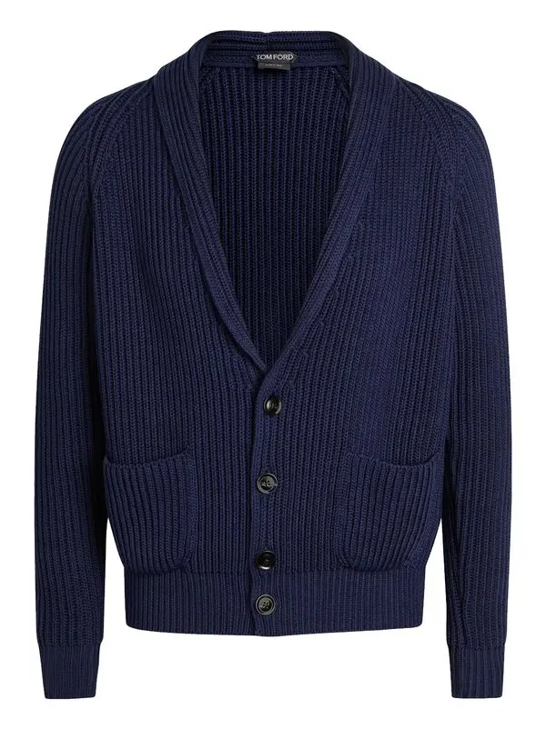TOM FORD Shawl-collar Ribbed Cotton And Silk-blend Cardigan - Navy