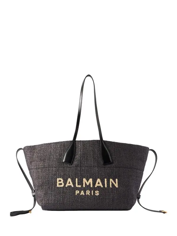 Balmain Leather-trimmed Raffia Track Tote - Black
