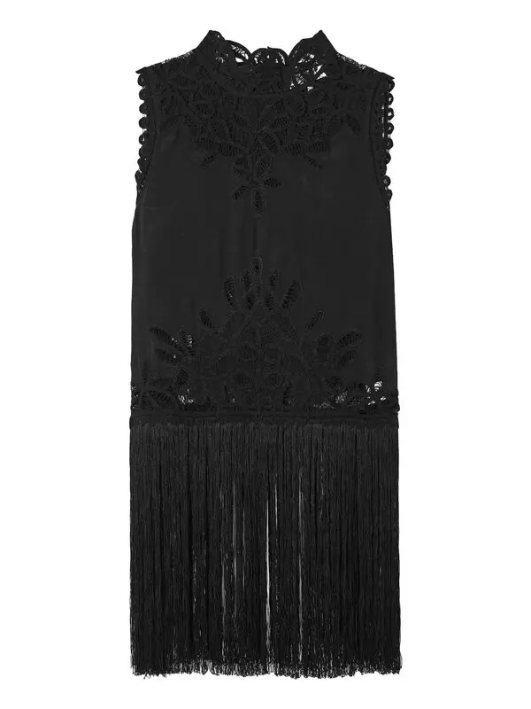 Sea Adelina Tie-side Fringed Lace-paneled Woven Top - Black