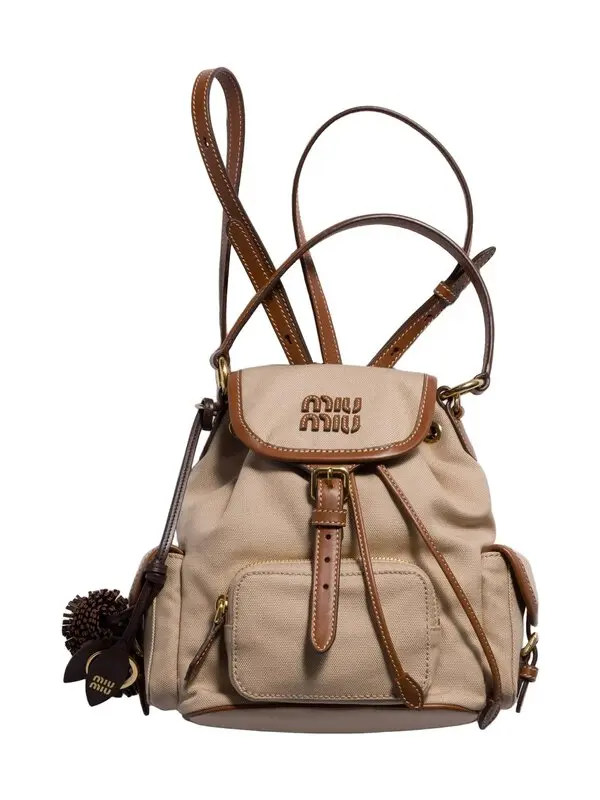 Miu Miu Canvas And Leather Backpack - Cord Beige/brandy