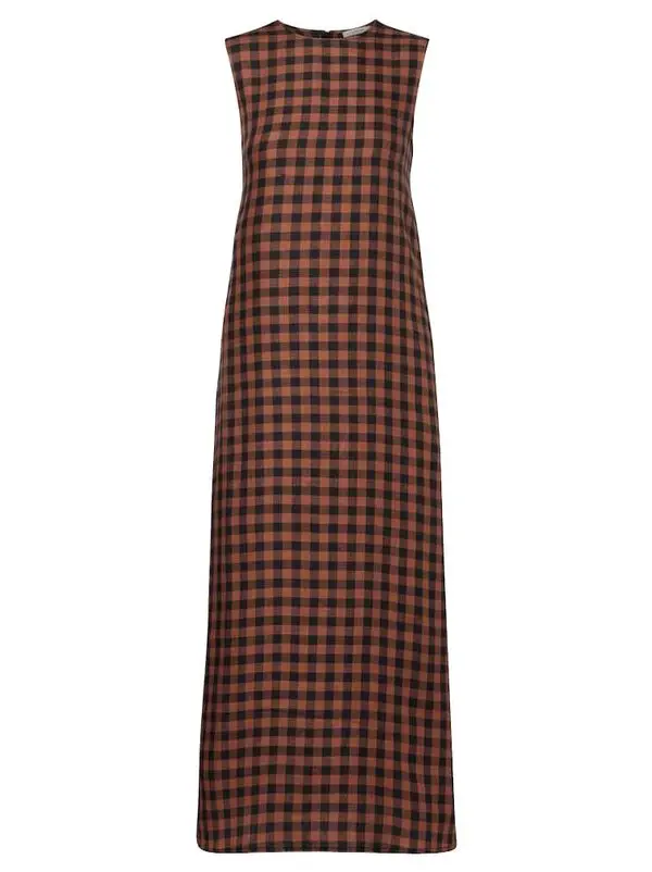 Asceno Tallin Gingham Linen Maxi Dress - Brown