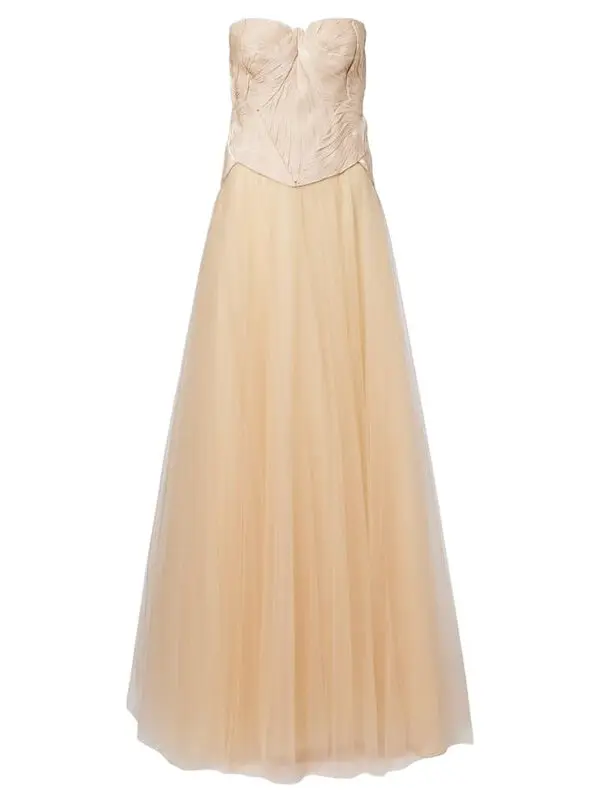Costarellos Lucasta Georgette Bustier Gown - Beige