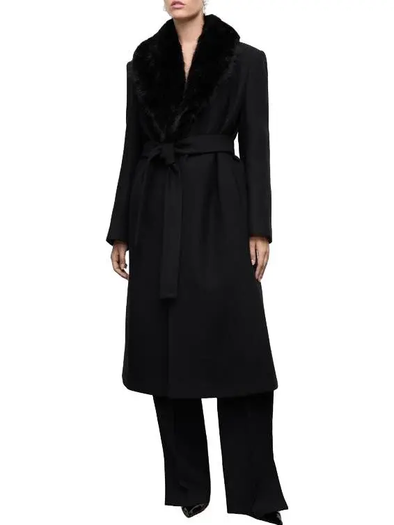 Mango Manteco Belted Longline Trench Coat With Faux Fur Collar - Black