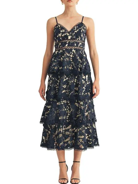 AROSE STUDIO Floral Embroidered Tiered Midi Dress - Navy