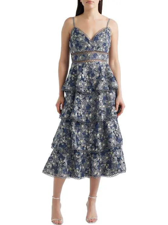 AROSE STUDIO Floral Embroidered Tiered Midi Dress - Navy