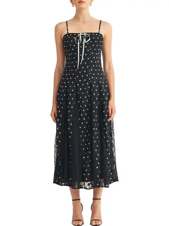 AROSE STUDIO Brienne Polka Dot Lace Midi Dress - Black Polka Dot