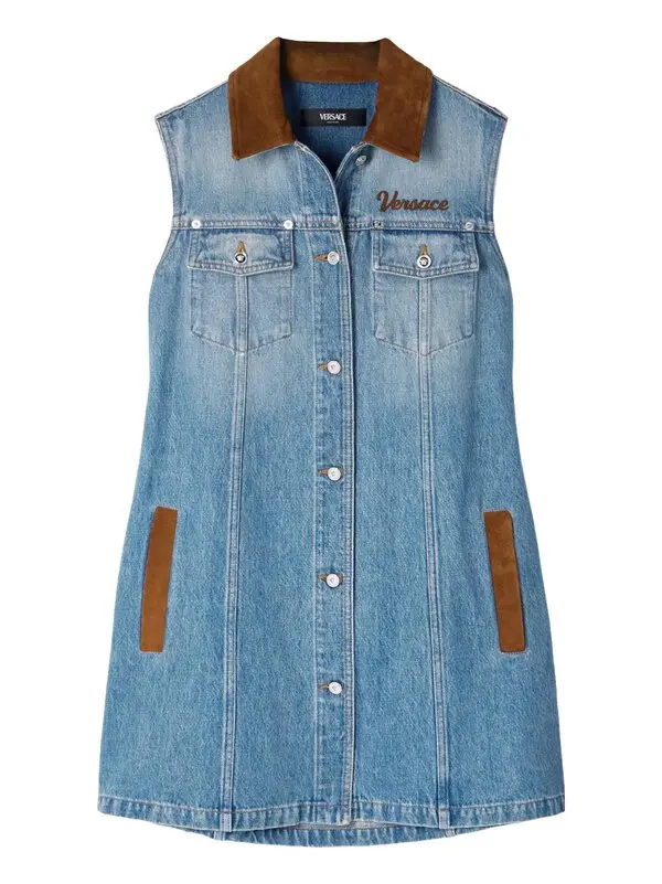 Versace Suede-trimmed Denim Mini Dress - Blue