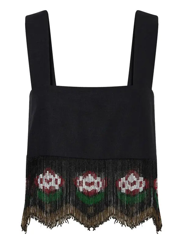 Alix Of Bohemia Mia Cropped Bead-embellished Fringed Silk Top - Black