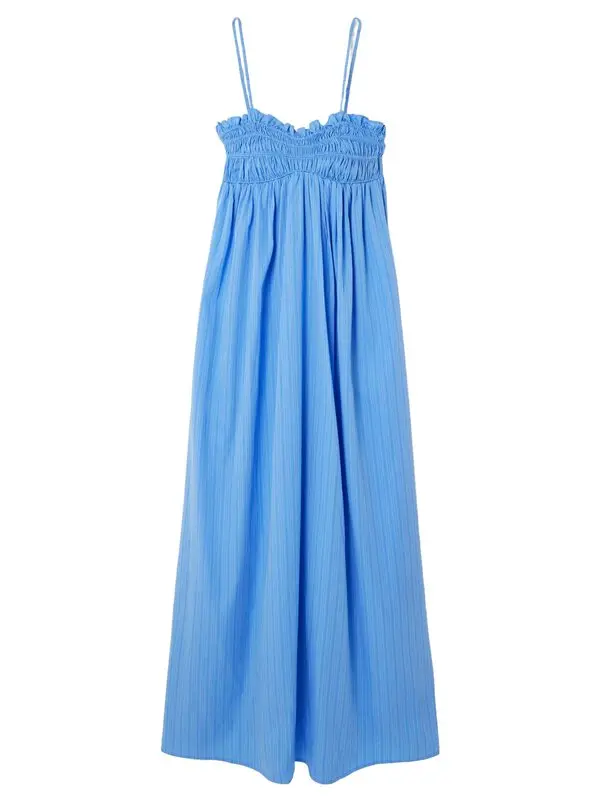 Faithfull The Brand Presa Shirred Ruffled Organic Cotton-poplin Maxi Dress - Blue