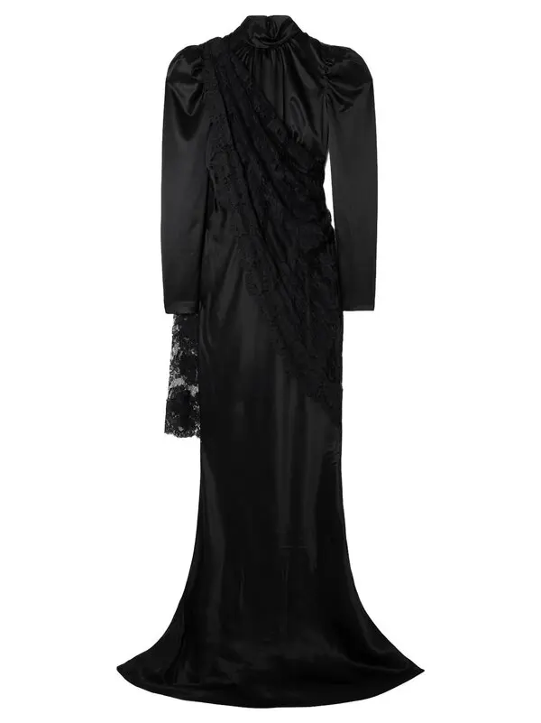 Alessandra Rich Cape-effect Lace-trimmed Silk-satin Gown - Black