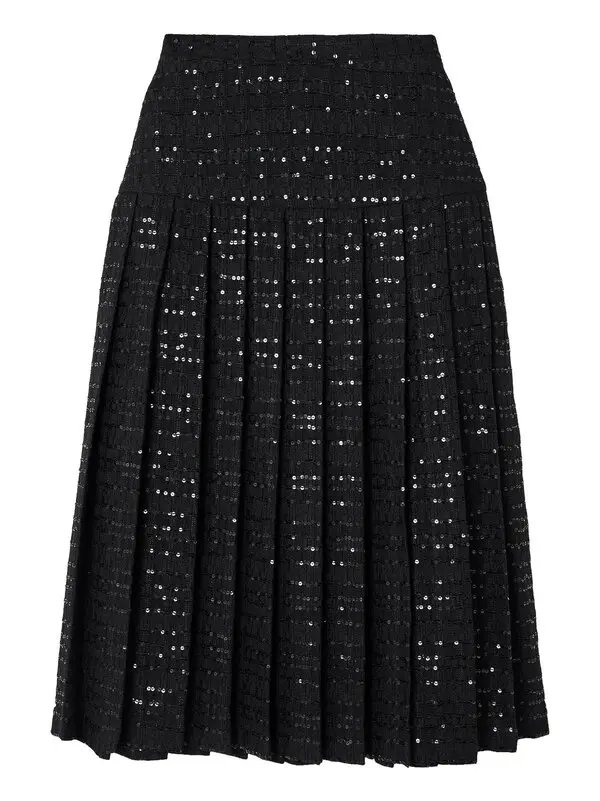 Alessandra Rich Sequin-embellished Pleated Tweed Midi Skirt - Black