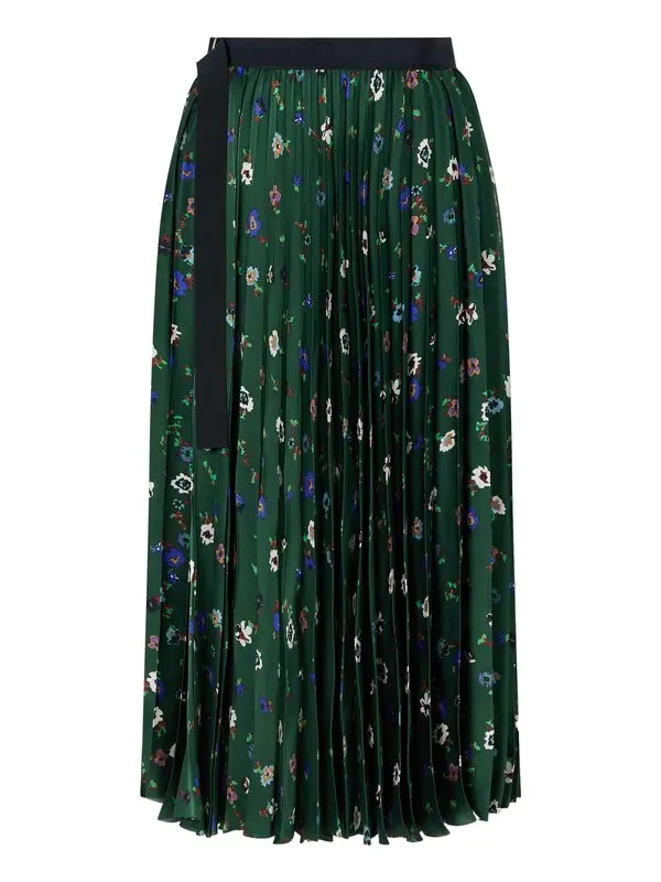 Sacai Belted Floral-print Pleated Midi Skirt - Green