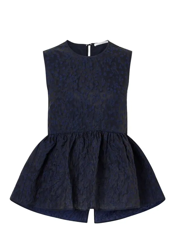 Cecilie Bahnsen Margueritte Embroidered Peplum Top - Navy
