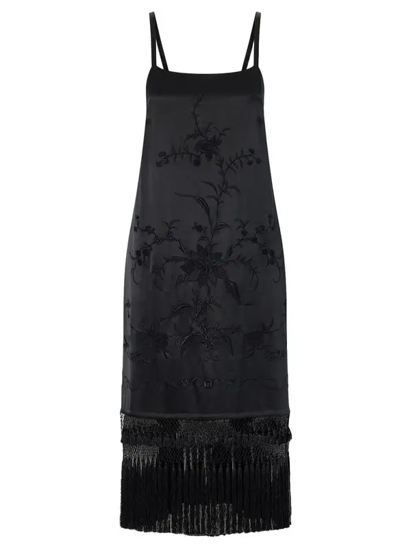 BODE Fringed Embroidered Silk-satin Midi Dress - Black
