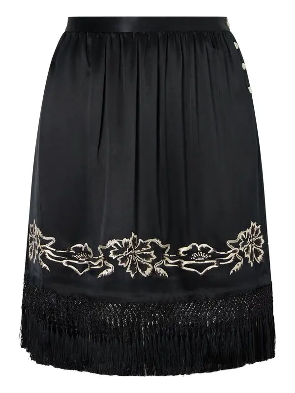BODE Phantasm Fringed Embroidered Silk-satin Mini Skirt - Black