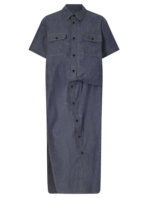 Sacai Gathered Denim Midi Shirt Dress - Blue