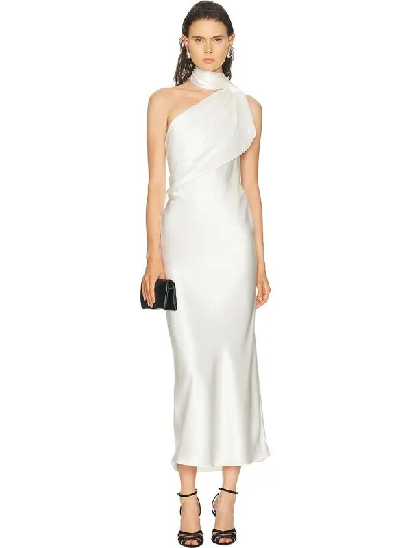 SEV Draped Scarf Neck Satin Dress - Ivory