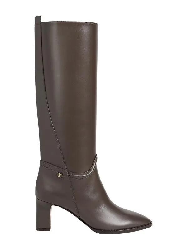 FERRAGAMO Torris 70 Leather Knee Boots - Dark Brown