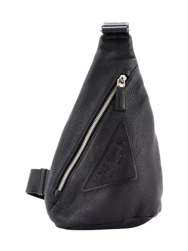 Prada Triangle Logo Leather Sling Backpack - Black