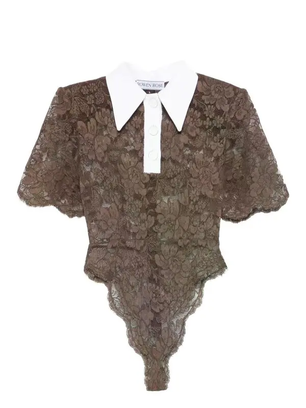 ROWEN ROSE Lace Polo Shirt Bodysuit - Brown
